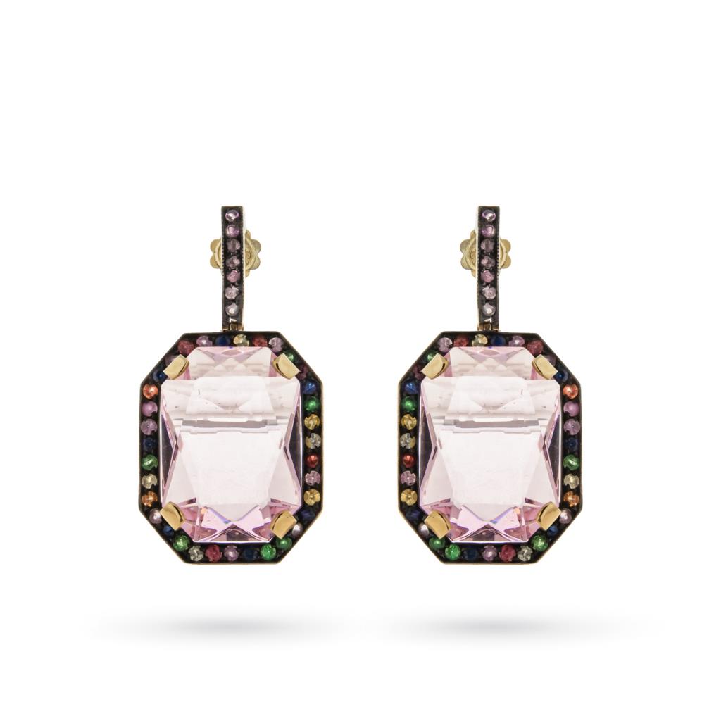 Pink quartz and colored sapphires pendant earrings
